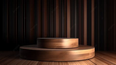 나무 바닥에 나무 연단 3d 렌더링 갈색 톤 룸 배경에 제품을 표시하기 위한 금속 스트립이 있는 나뭇결 연단의 3d 렌더링