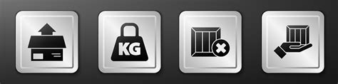 상자 골판지 상자 무게 나무 상자를 설정하고 상자 아이콘으로 삭제 및 배달 손을 설정합니다 실버 스퀘어 버튼 벡터 교통에 대한