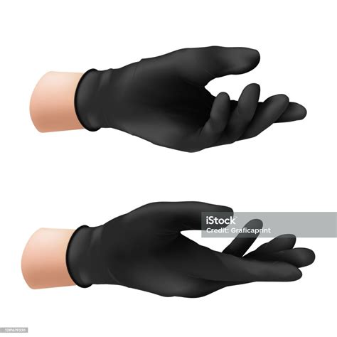 검은 니트릴 보호 장갑을 낀 인간의 손 백색 배경에 고립 된 다양한 바이러스 미생물 및 박테리아로부터 피부를 보호하는 고무