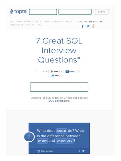7 Great Sql Interview Questions And Answers Toptal Pdf Software Engineering Computer Data