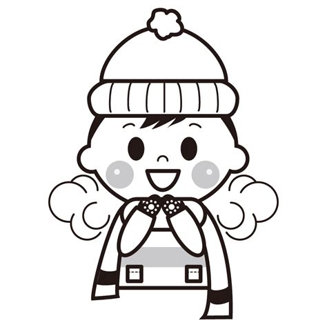 冬に白い息を吐く子供のイラスト画像素材（白黒、モノクロ）