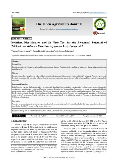 Pdf Isolation Identification And In Vitro Test For The Biocontrol Potential Of Trichoderma