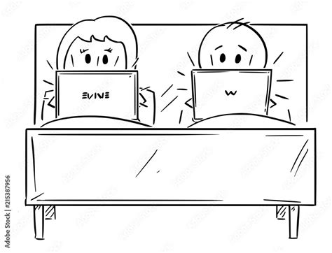 Cartoon Stick Drawing Conceptual Illustration Of Couple In Bed Both
