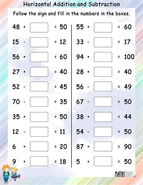 Horizontal Addition And Subtraction Math Worksheets