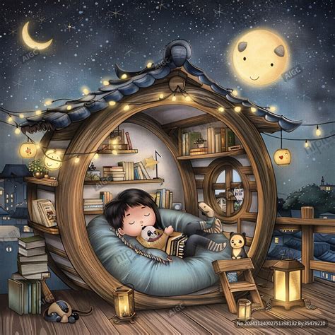 Ai创作图睡前故事插画封面 坐在树屋上的男孩插画 卡通读书场景 少儿读物插画 Q版书籍插画插图 二厅儿童阅读插画 梦幻儿童插画 梦幻儿插插画 绘本小场景 读书儿童插画 儿插场景插画 图书馆儿插