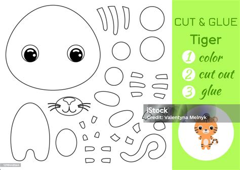 색칠 공부 는 아기 호랑이를 잘라 접착제 유치원 어린이를위한 교육 종이 게임 워크시트를 잘라내고 붙여넣습니다 종이에 색상 절단 부품 및 접착제 벡터 그림입니다 0명에 대한