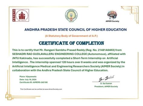 Completed An 8 Week Internship In Artificial Intelligence Sambhu