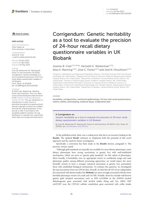 Pdf Corrigendum Genetic Heritability As A Tool To Evaluate The Precision Of 24 Hour Recall
