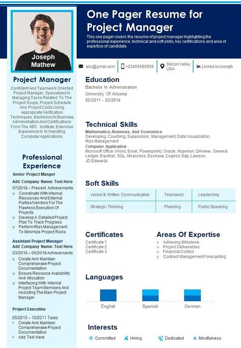 One Pager Resume For Project Manager Pdf Document Ppt Template