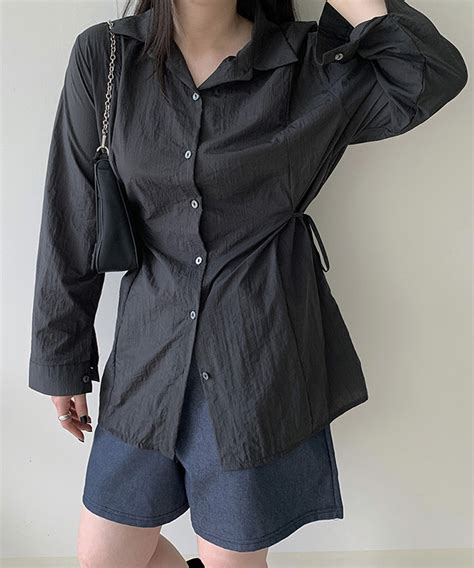 러브미 55 100 리본 허리 스트랩 빅사이즈 긴팔 셔츠 오피스 블라우스 나일론 남방 바스락 화이트 롱 셔츠