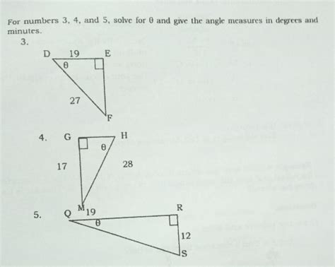 Solved For numbers 3 4 and 5 solve for θ and give the angle measures in degrees and minutes