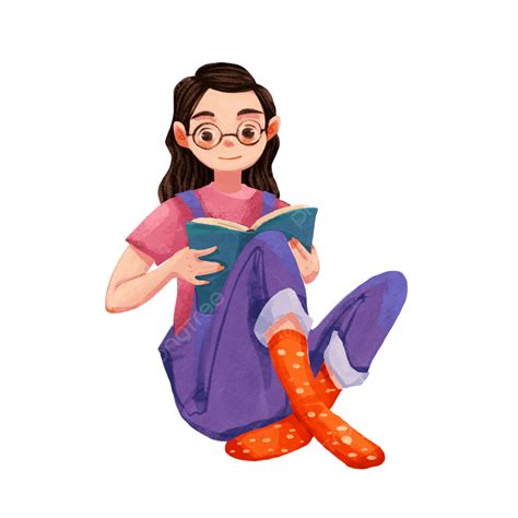 座って本を読む女の子。イラスト素材透過、pngフリー画像ダウンロード Pngtree