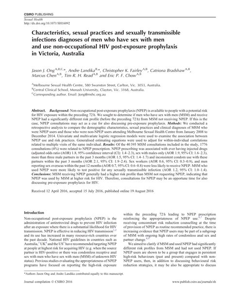 Pdf Characteristics Sexual Practices And Sexually Transmissible Infections Diagnoses Of Men