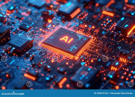 Computer Processor Microchip With Ai Sign On A Glowing Circuit Board Extreme Closeup Generative
