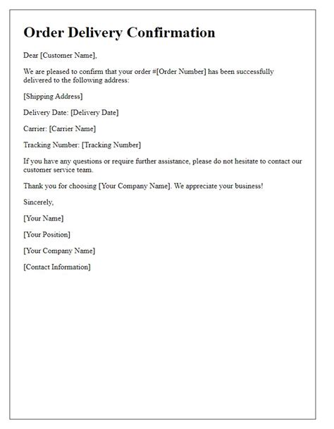 Letter Template For Order Delivery Confirmation Free Samples In Pdf Letterin