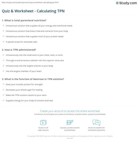 Quiz And Worksheet Calculating Tpn