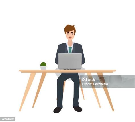 책상에 노트북 컴퓨터와 비즈니스 남자 작업 문자입니다 프리랜서 직업 개념입니다 벡터 일러스트 레이 션 사람들이 평면 디자인 가득 찬에 대한 스톡 벡터 아트 및 기타 이미지