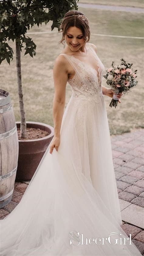 Soft Ivory Net Beaded Deep V Illusion A Line Wedding Gown Graceful Lace