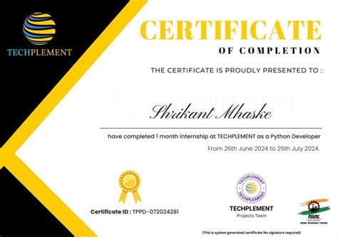 Shrikant Mhaske On Linkedin Internship Python Techplement