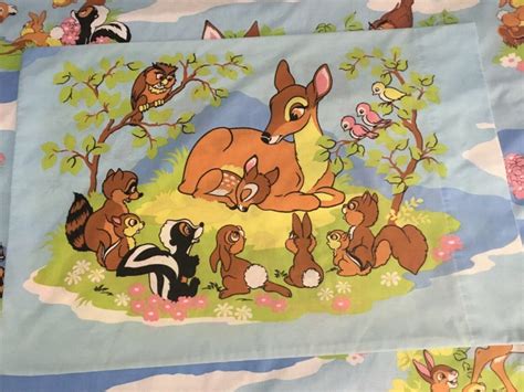 Vtg 70s Walt Disney Bambi Twin Flat Fitted Pillow Case Set Sheet