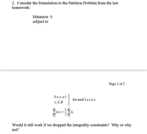 Consider The Formulation To The Partition Problem Chegg Com