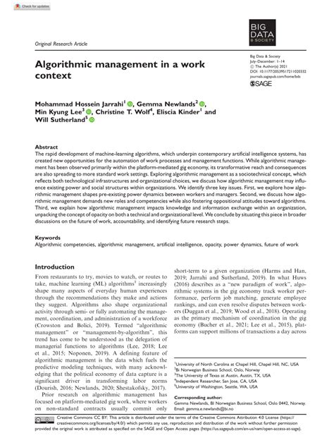 Pdf Algorithmic Management In A Work Context