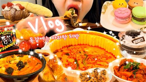먹방 Vlog 🌶️독감편 케잌 탕후루 마카롱 먹으면서 독감 이기기카스테라크림빵딸기생크림빵틈새라면청양고추 매운갈비찜허쉬쿠앤크케잌 짬뽕군만두탕후루 마라탕