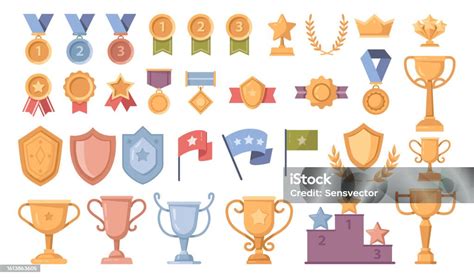 격리된 수상자를 위한 트로피 또는 상 세트 금메달 은메달 동메달 컵과 배지 벡터 평면 만화 삽화 성공의 챔피언십과 승리의 상징