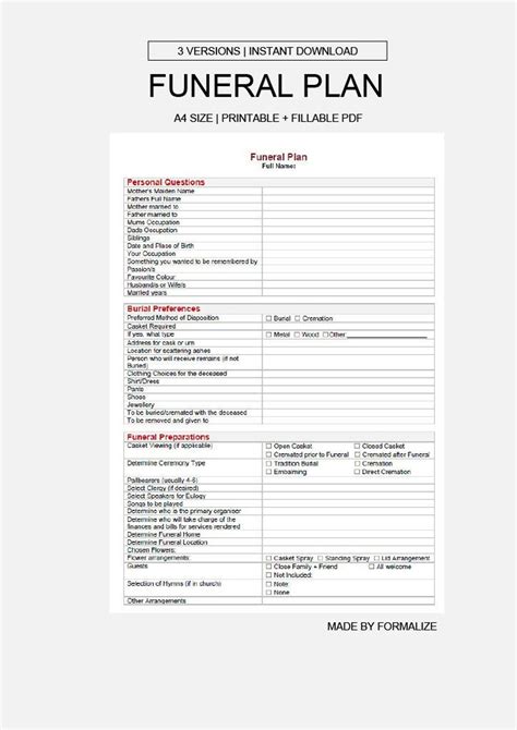 Printable Funeral Plan Etsy
