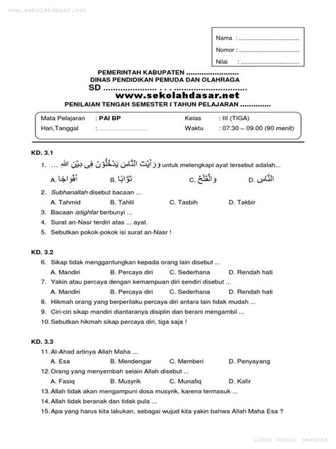 Soal Kelas 3 Pts 1 Paibp Pdf