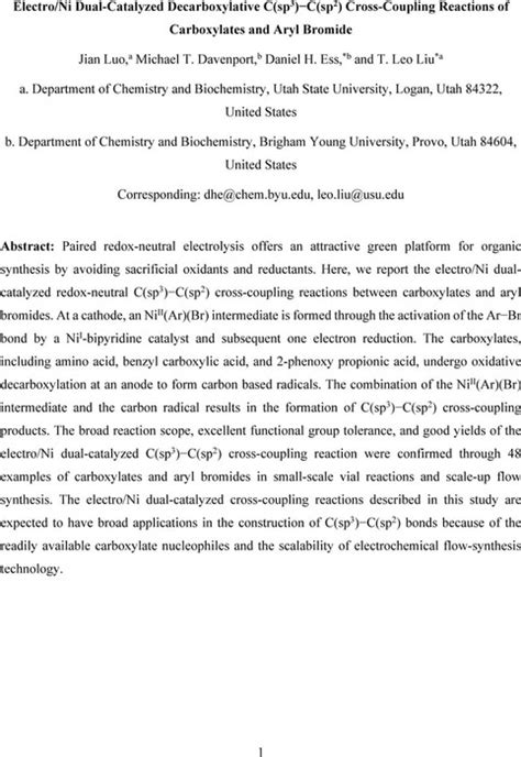 Electro Ni Dual Catalyzed Decarboxylative C Sp3 −c Sp2 Cross Coupling Reactions Of Carboxylates