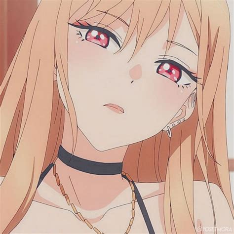 An Anime Girl With Blonde Hair And Pink Eyes Looks At The Camera While Wearing A Choker