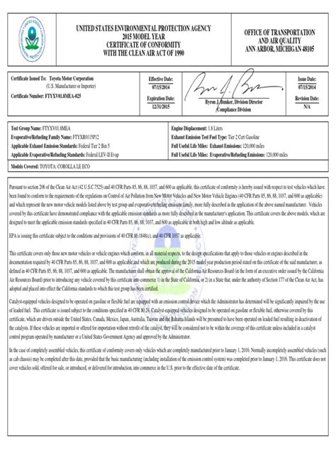 2015 Epa Certificate Of Conformity Totyota Corolla Pdf Emission Standard Clean Air Act