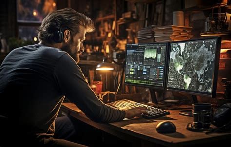 Premium Ai Image A Man Working As A Trader Uses A Computer With Multiple Monitors To Display