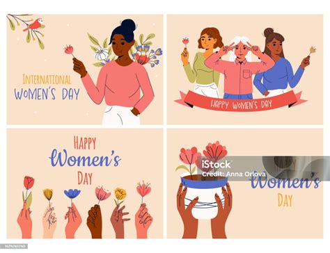 인사말 카드 또는 엽서 템플릿의 컬렉션입니다 3월 8일 세계 여성의 날 소녀의 힘 페미니즘 자매애 개념 1960 1969 년에 대한 스톡 벡터 아트 및 기타 이미지 Istock