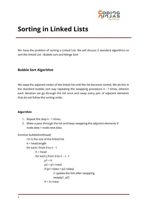 Lec 44 Note 2 Linked List Sorting In Linked Lists We Have The