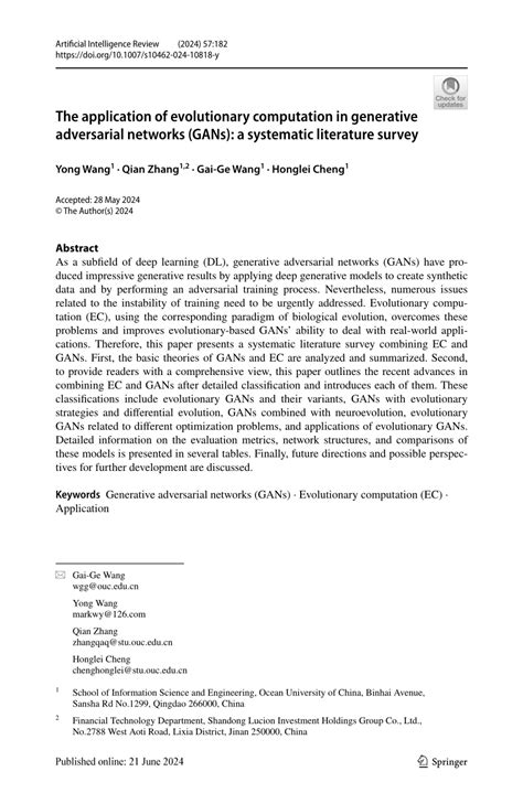 Pdf The Application Of Evolutionary Computation In Generative Adversarial Networks Gans A