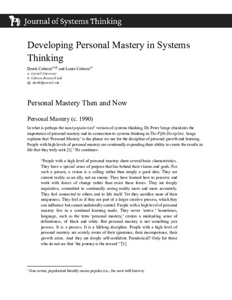 Pdf Developing Personal Mastery In Systems Thinking