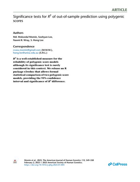 Pdf Significance Tests For R2 Of Out Of Sample Prediction Using Polygenic Scores
