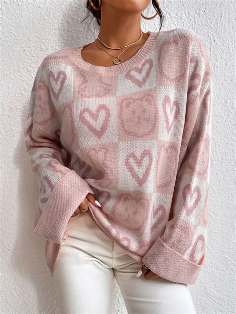 كنزة صوف تصميم رسوم كارتون و نمط القلب منخفض الاكتاف