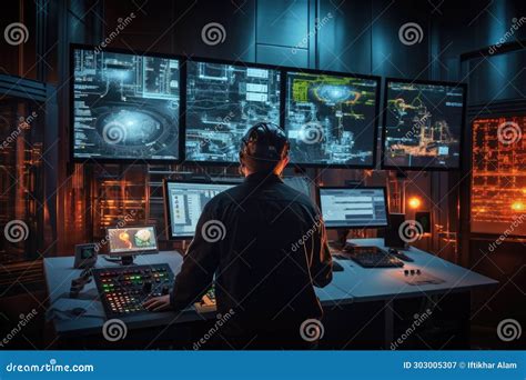 Rear View Of Male Security Guard Using Computers In Surveillance Room At Night Engineer