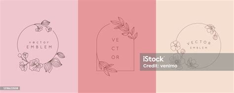 트렌디 한 선형 스타일의 벡터 로고 디자인 템플릿 및 모노그램 개념 텍스트 또는 문자용 복사 공간이있는 꽃 프레임 패션 뷰티 및 보석 산업을위한 상징 개념에 대한 스톡 벡터