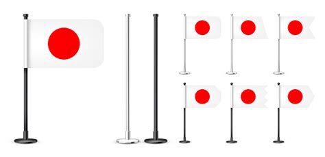 검은 강철 기둥에 현실적인 다양한 일본 테이블 플래그 일본에서 온 기념품 종이 또는 천으로 만든 책상 깃발 반짝이는 금속 스탠드 홍보 및 광고를위한 모형 벡터 그림 0명에