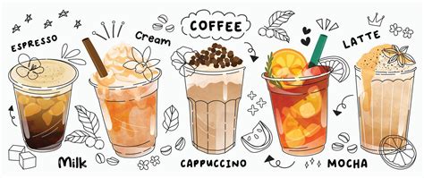 Hot And Cold Coffee Beverage With Cute Doodle Decoration Espresso