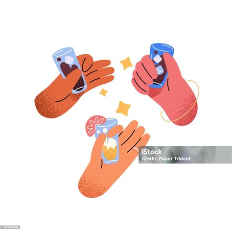 여름 레모네이드 칵테일 주류 안경을 들고 있는 친구들의 손 술로 파티 환호 음료와 함께 팔 다과가 Smth를 축하합니다 흰색 배경에 격리된 플랫 벡터 일러스트 레이 션