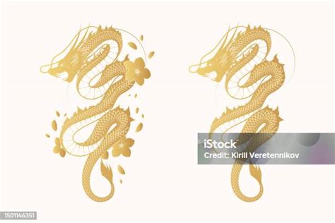 꽃과 붓놀림이 있는 황금 신화 용 인사말 카드와 포스터를 위해 흰색 배경에 분리된 일본의 손으로 그린 벡터 그림 용에 대한 스톡 벡터 아트 및 기타 이미지 Istock