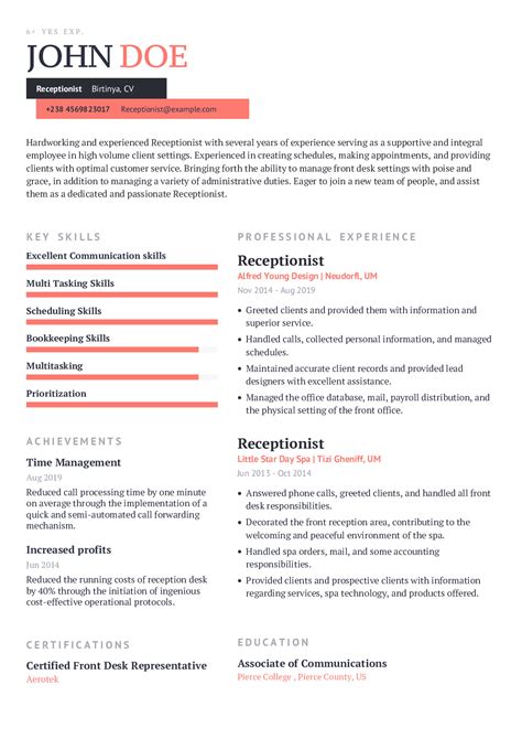 Receptionist Resume Example With Content Sample Craftmycv