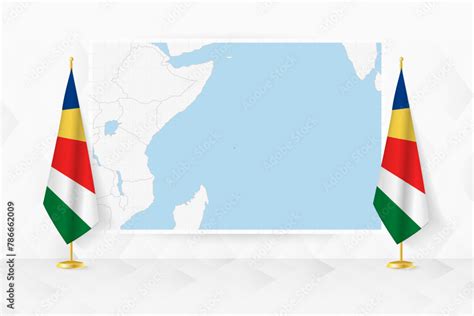 Map Of Seychelles And Flags Of Seychelles On Flag Stand Stock Vector