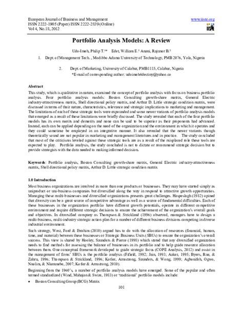 Pdf Portfolio Analysis Models A Review
