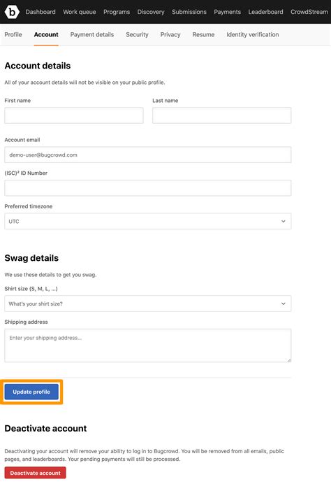 updating your account information bugcrowd docs